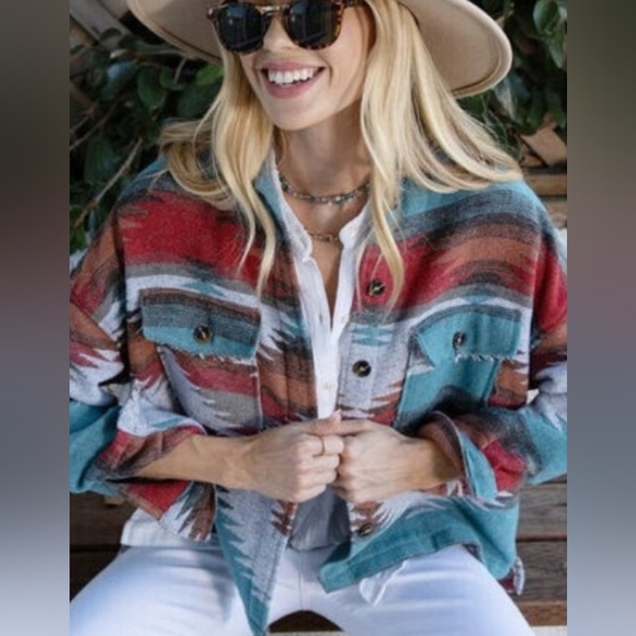 Tops | New Distressed Flannel Aztec Jacket Coat Shacket Button Up Top ...